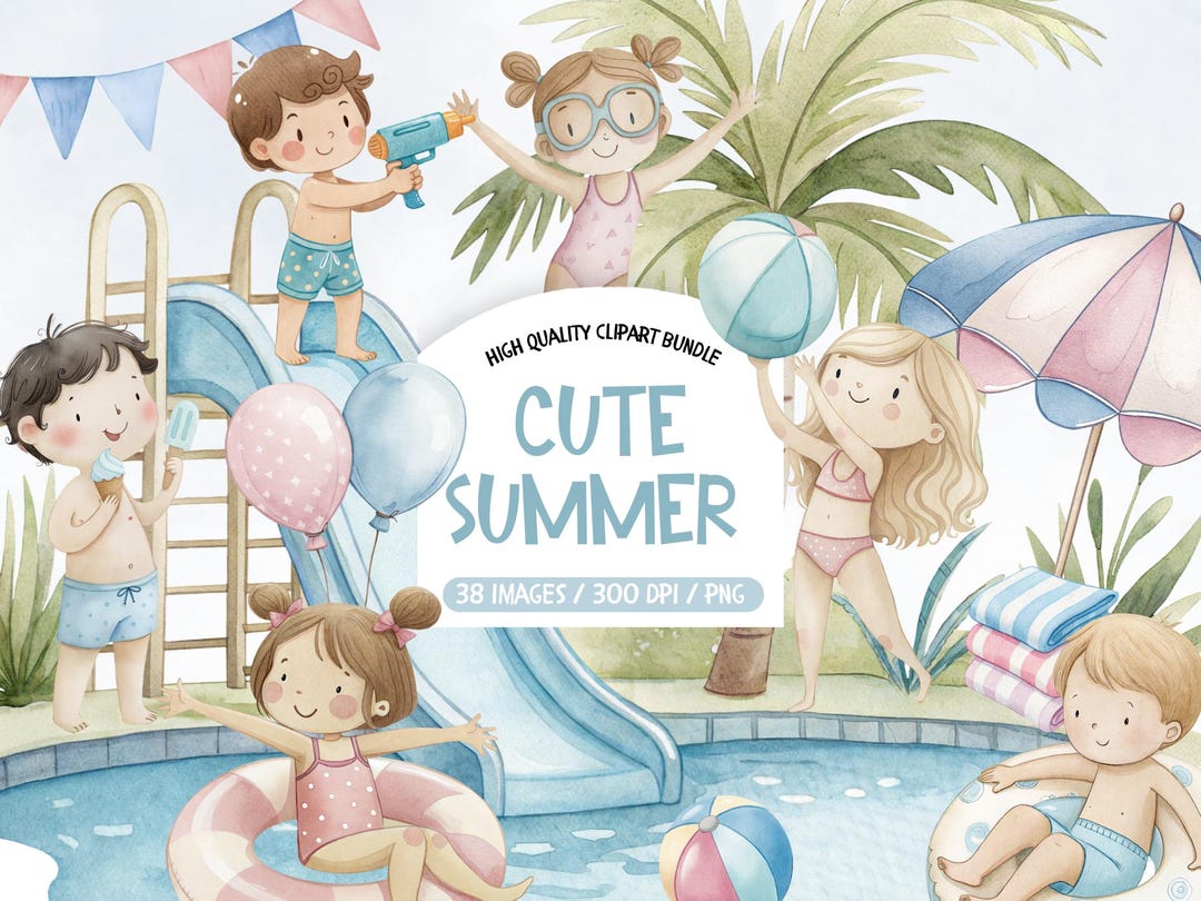 Summer Pool Clipart, Kids Summer Clipart, Pool Party Birthday Clipart ...