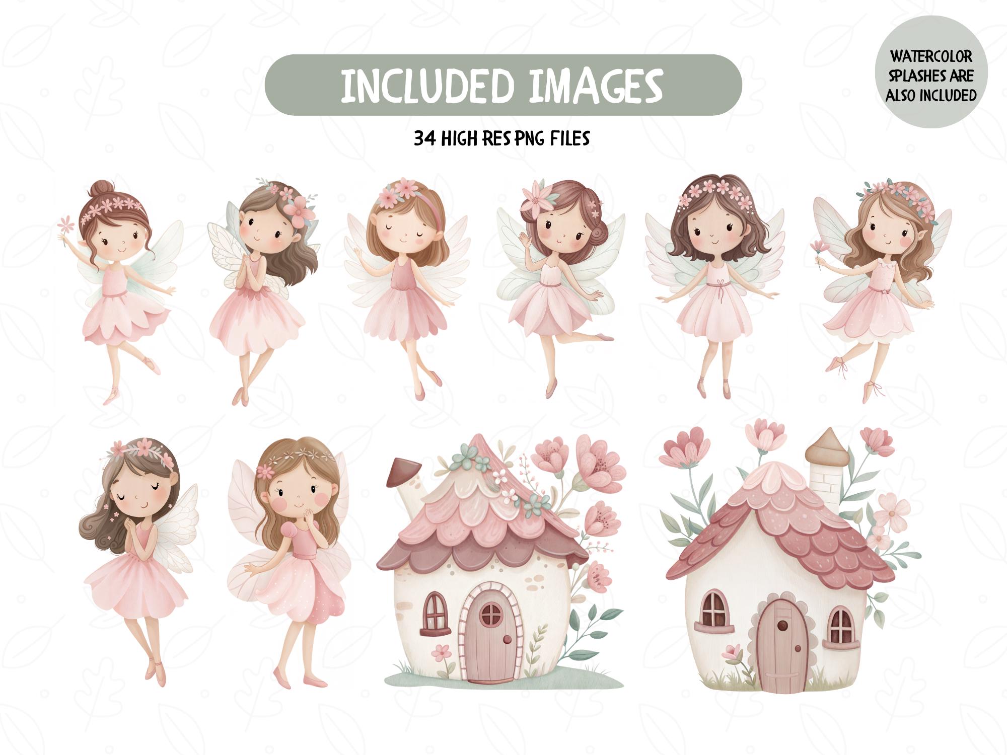 Pink Fairy Garden Clipart, Watercolor Fairy Clipart Bundle, Cute ...