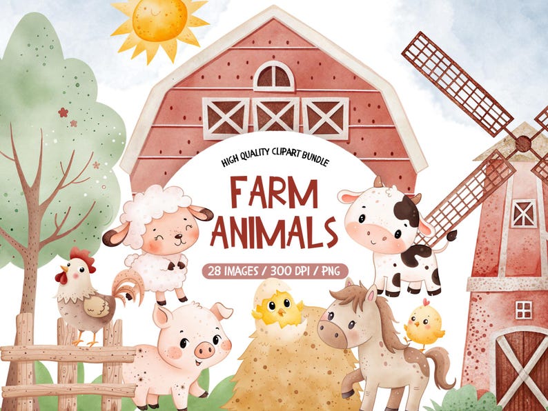 Watercolor Farm Animal Clipart Bundle, Nursery Art (PNG Digital ...