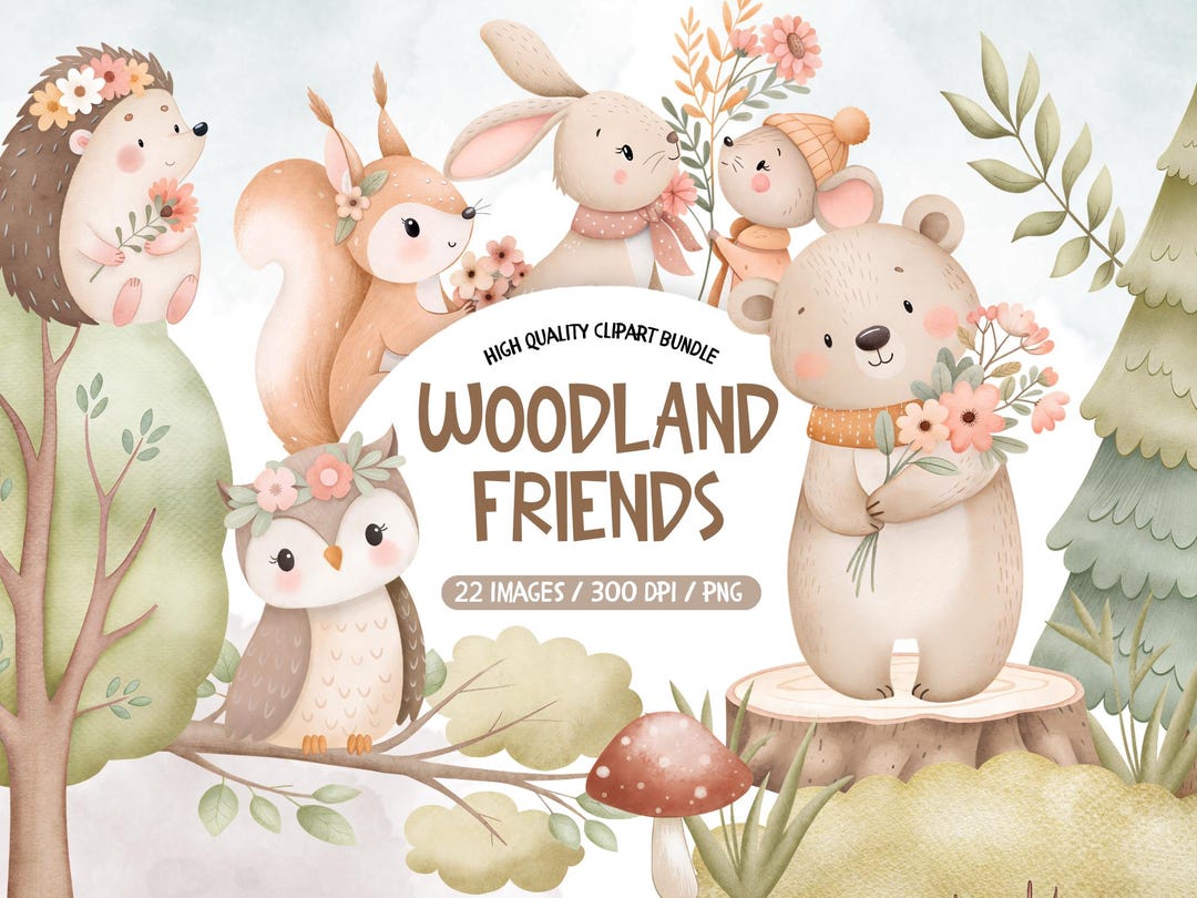 Watercolor Woodland Clipart Bundle, Cute Woodland Animals PNG, Nursery ...