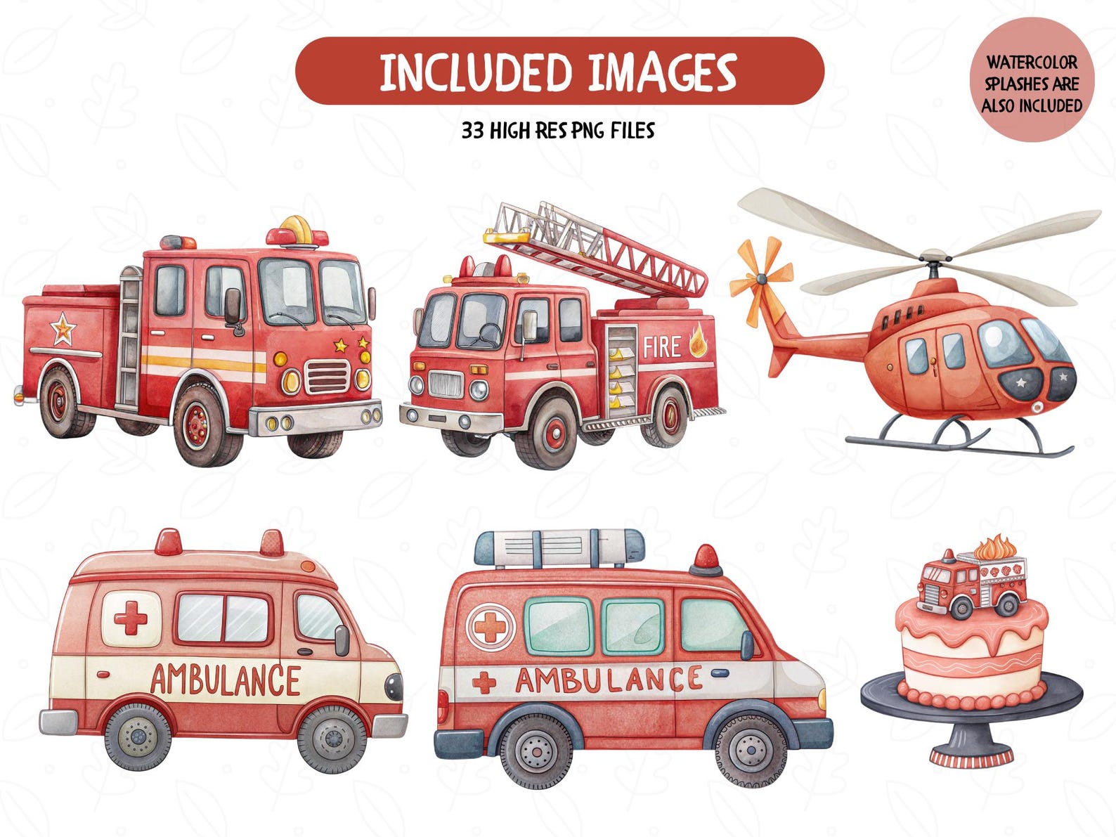 Watercolor Firefighter Clipart Bundle, Emergency Vehicles (PNG) - Etsy