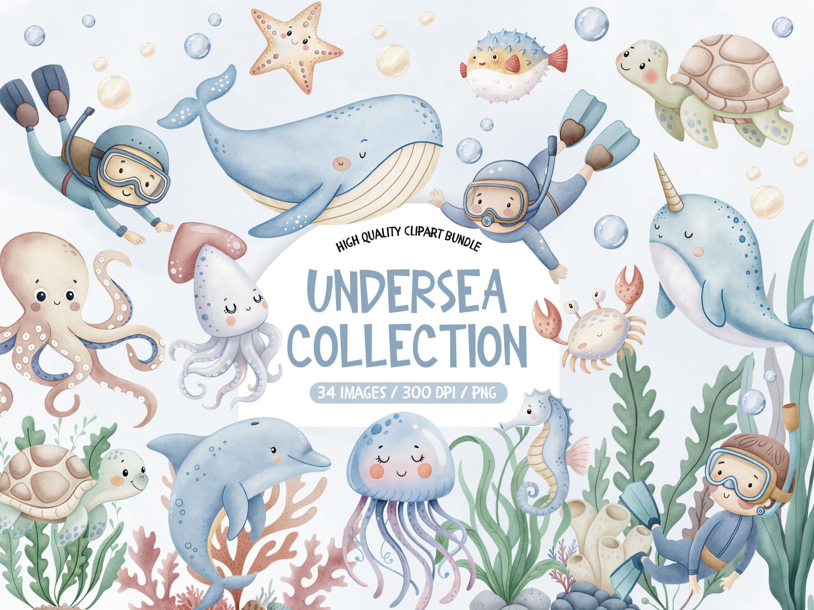 Watercolor Under the Sea Clipart Bundle – Ocean Animals Graphics ...