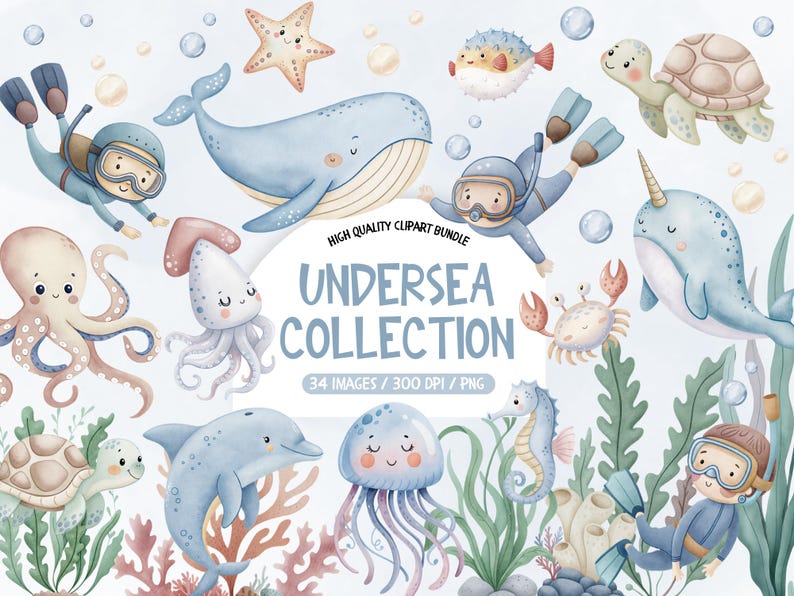 Watercolor Under the Sea Clipart Bundle – Ocean Animals Graphics ...