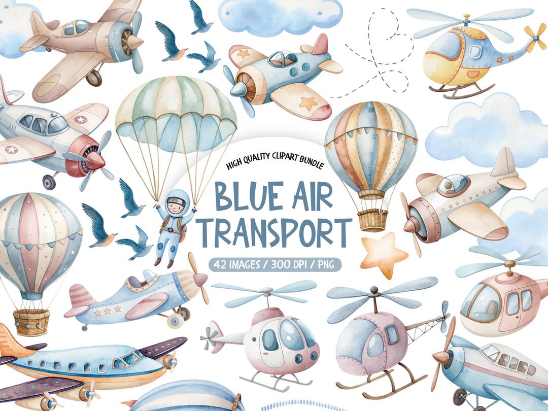 Watercolor Blue Air Transport Clipart Bundle – Nursery and Baby Boy ...