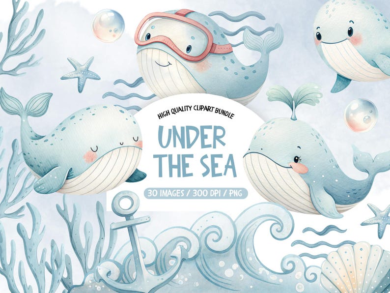 Under the Sea Watercolor Clipart, Ocean Clipart, Blue Whale Clip Art ...