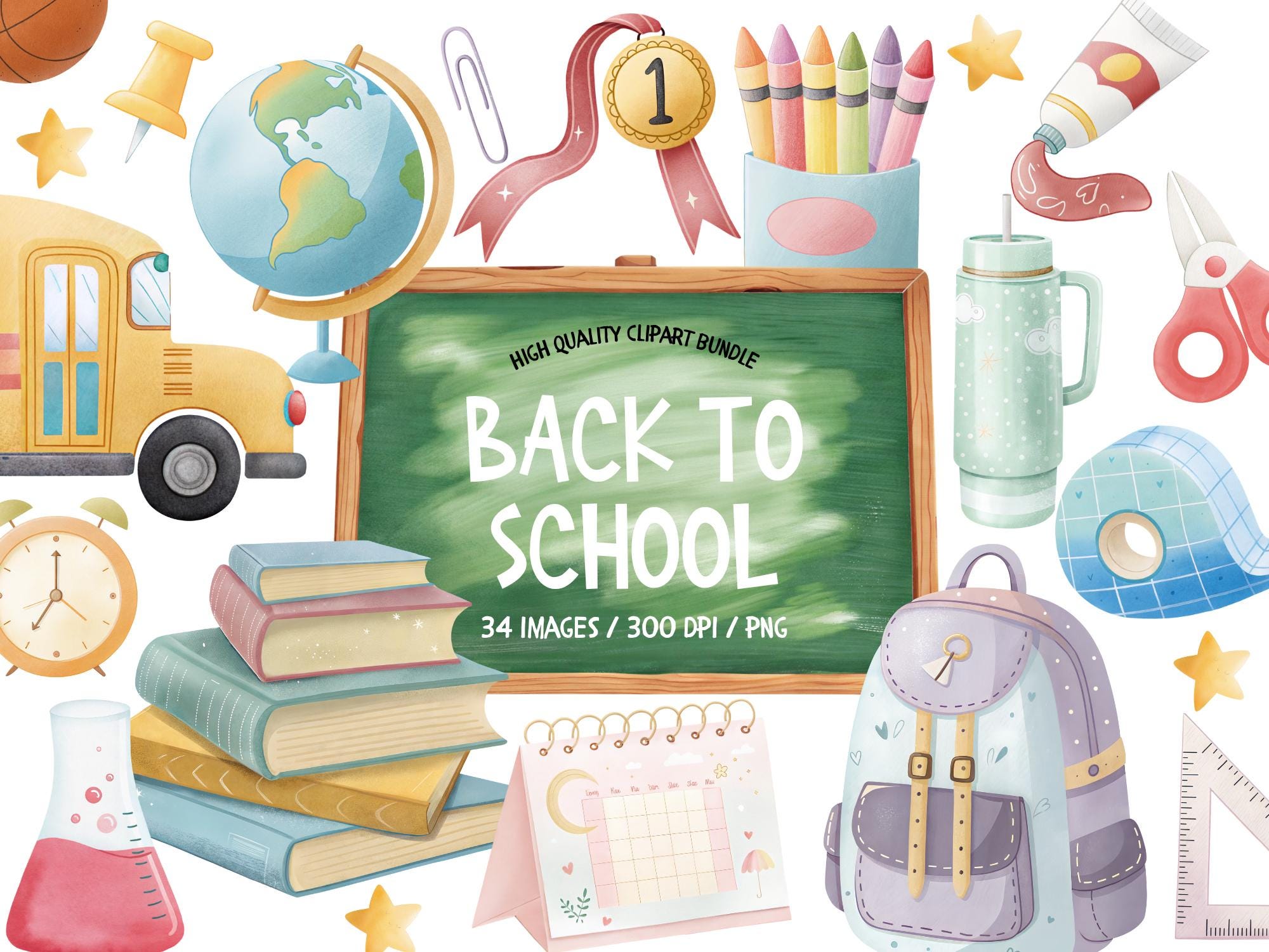 Back to School Clipart Bundle, School Bus Clipart, Cute School Supplies ...