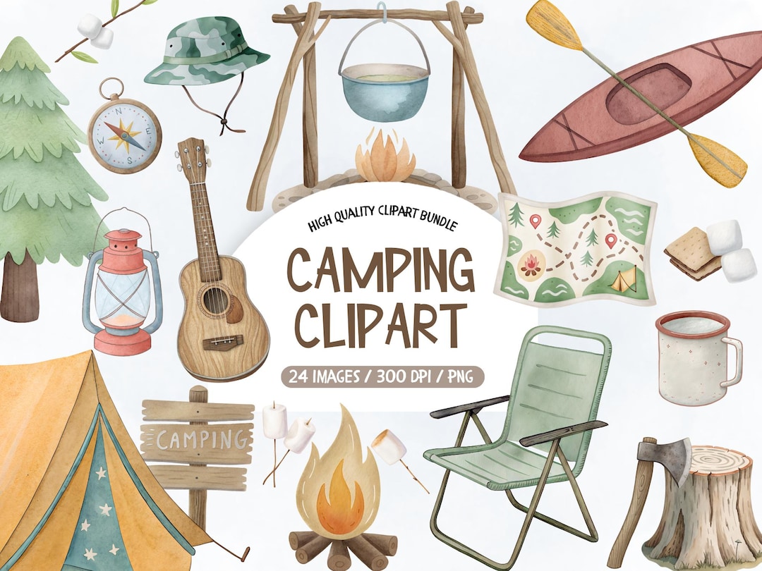 Cute Camping Clipart, Outdoor Activities PNG Bundle, Nature Adventure ...