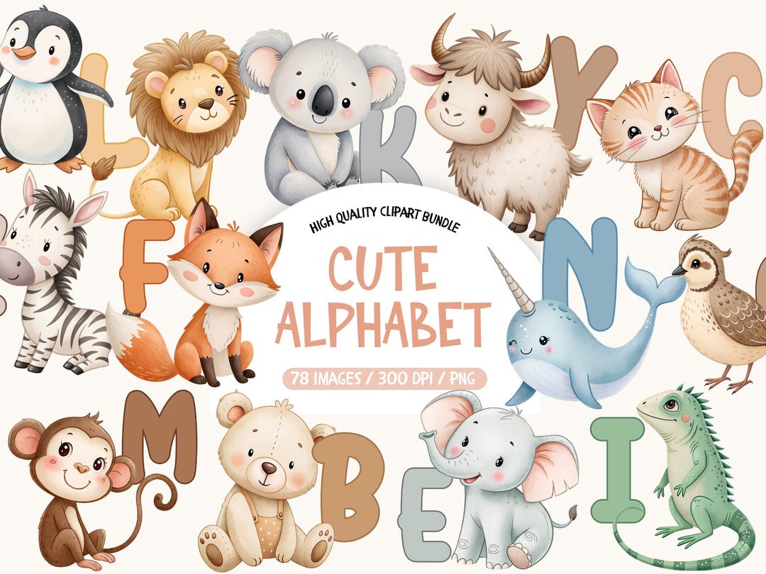 Cute Animal Alphabet Clipart, Watercolor Letters PNG, Alphabet Letters ...