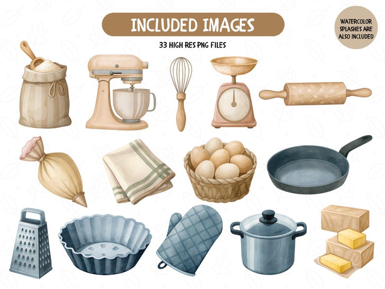 Baking Clipart Set: Watercolor Kitchen Utensils and Bakery Tools (PNG ...