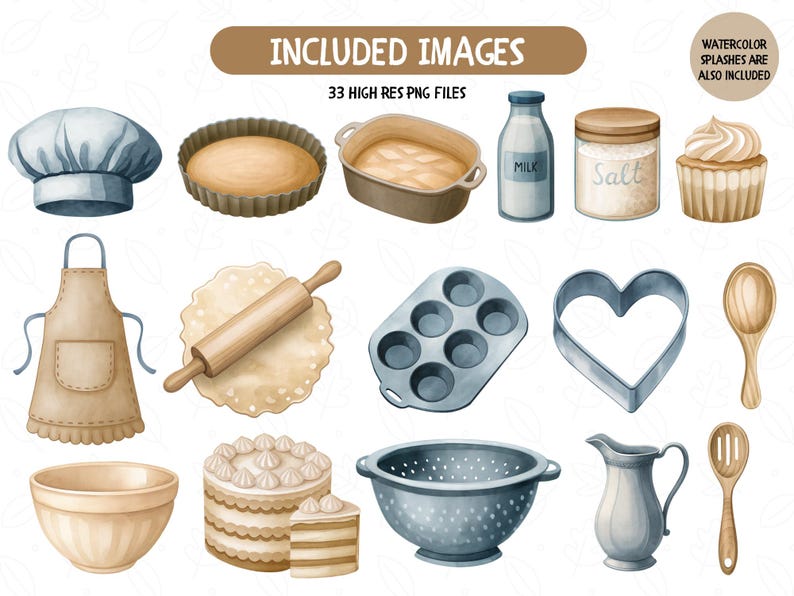 Baking Clipart Set: Watercolor Kitchen Utensils and Bakery Tools (PNG ...