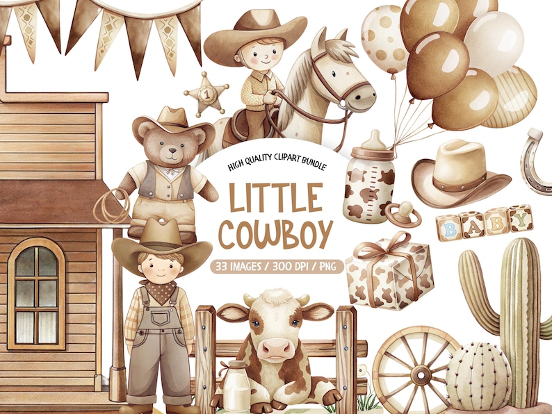 Little Cowboy Clipart Bundle: Wild West Illustration Pack (commercial ...