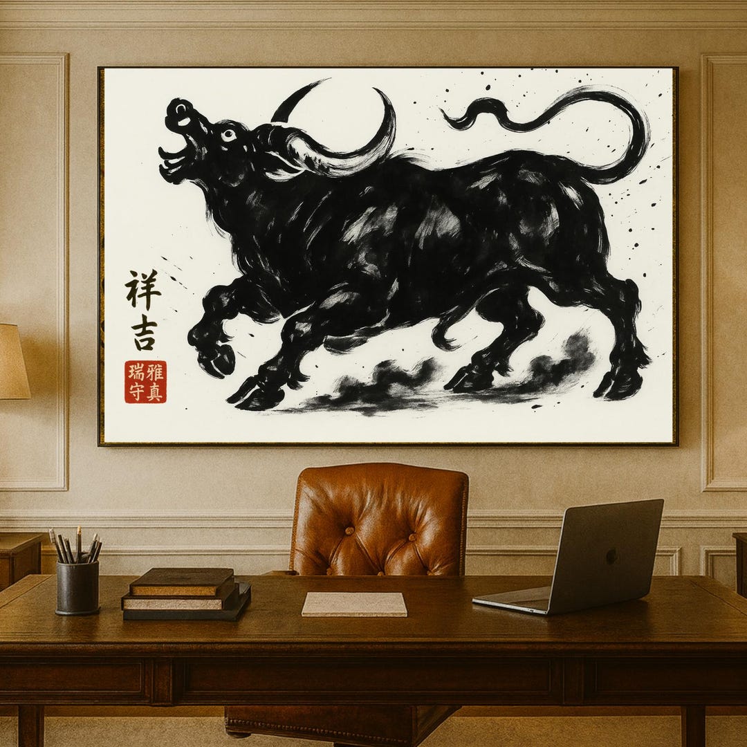 Chinese Ink Painting Bull,calligraphy, Feng Shui Wall Art, Asian Zen ...