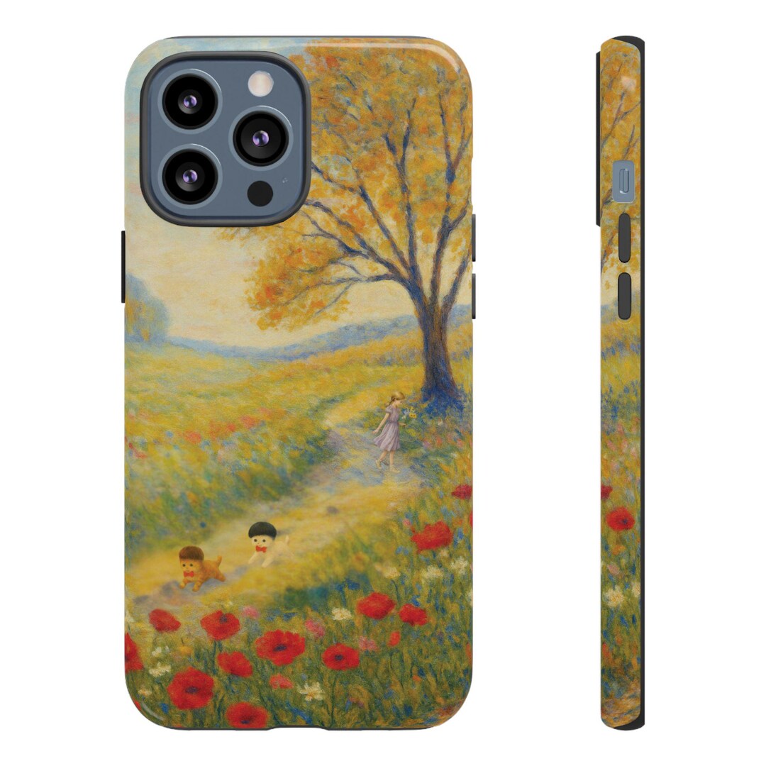 Cottagecore Flower Field Phone Case Girl and Puppies in Autumn Meadow ...