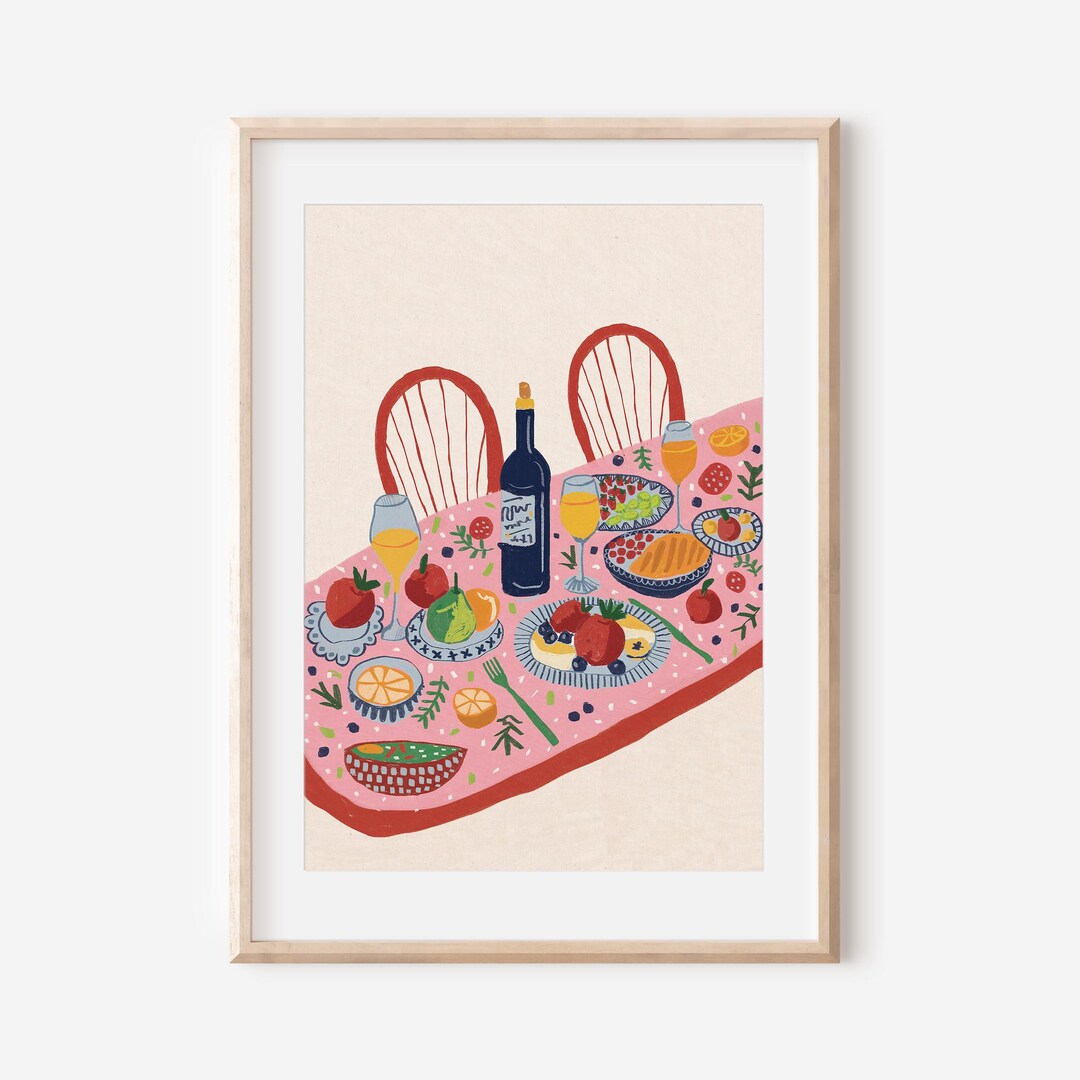 Cozy Dinner Table Wall Art Pastel Food Illustration Print Mediterranean ...
