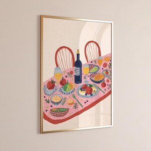 Cozy Dinner Table Wall Art Pastel Food Illustration Print Mediterranean ...