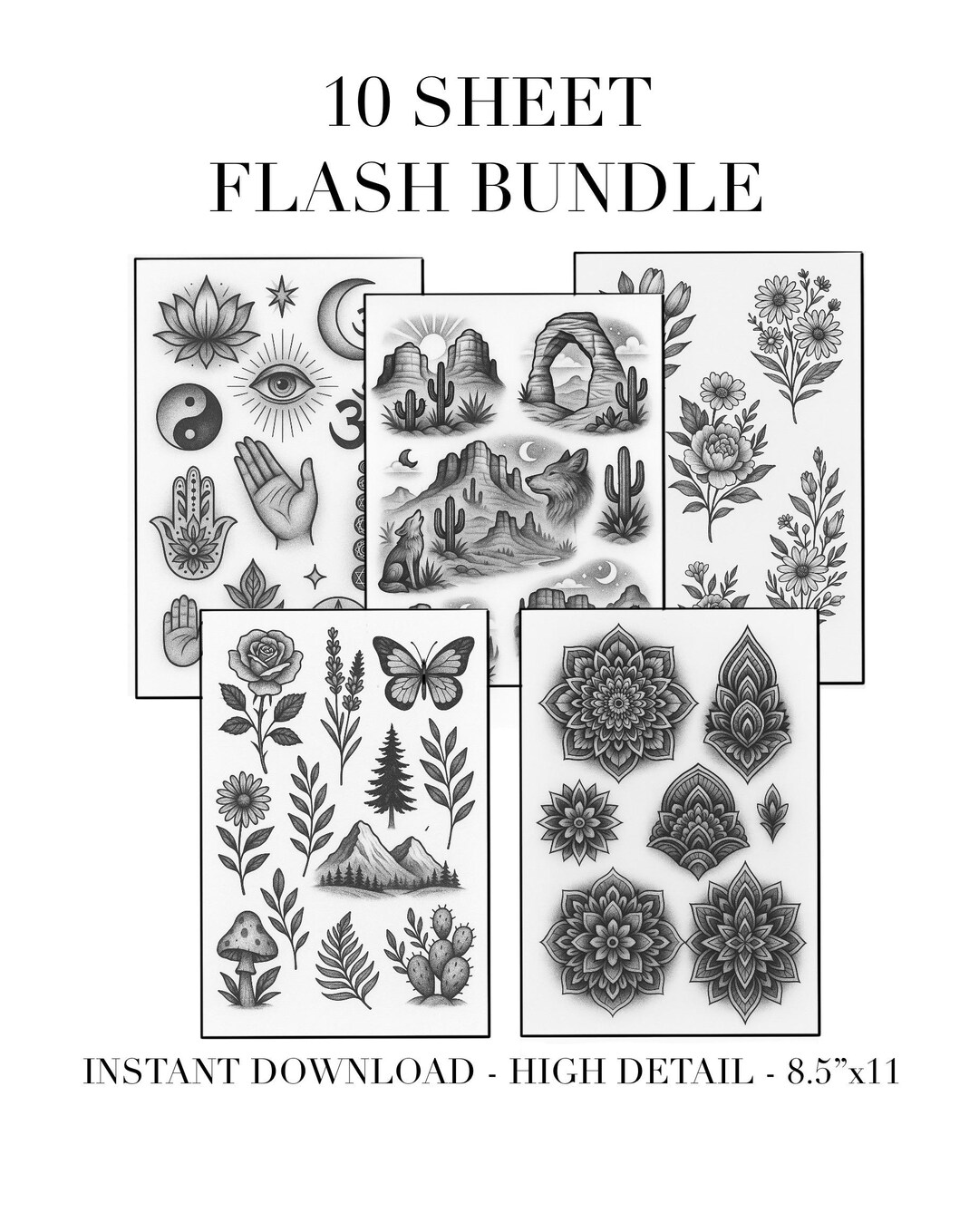 10-sheet Tattoo Flash Bundle | Sedona, Floral, Sacred Geometry, Zodiac ...