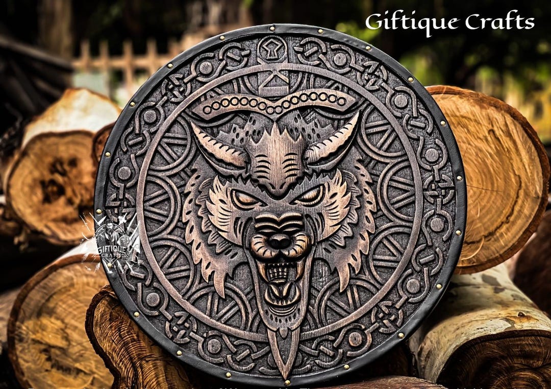 Giftique Special Viking Shield, Handmade Wooden Shield, Viking Axe Wolf ...