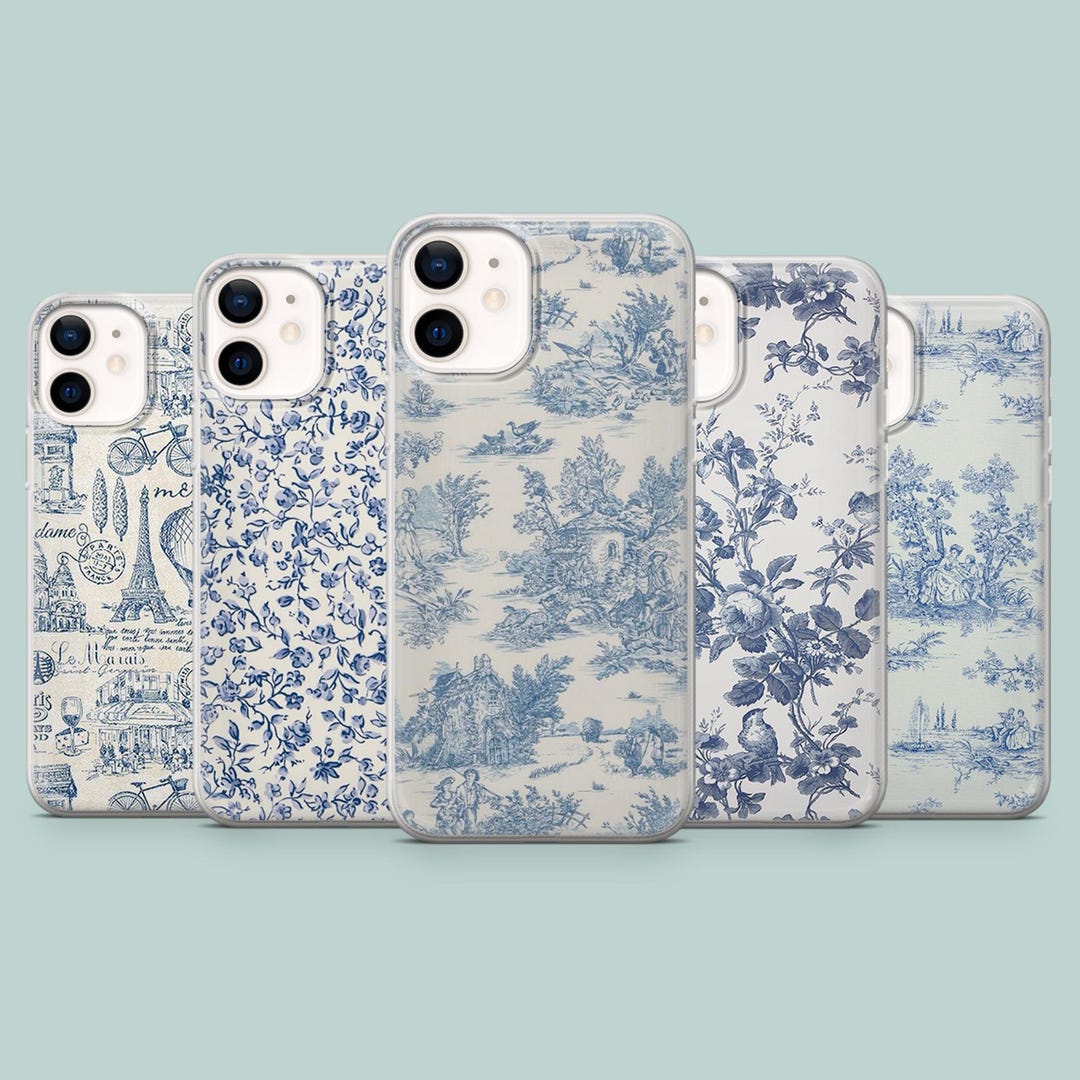 Blue French Toile Phone Case Parisian, Fabric Cover for iPhone 17 16 15 ...