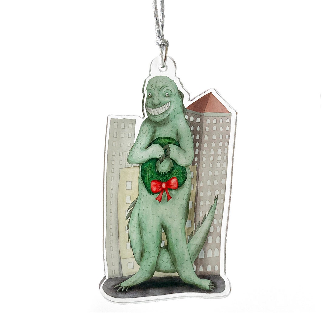 Acrylic Christmas Ornament - Godzilla Christmas Wreath Illustration - Etsy