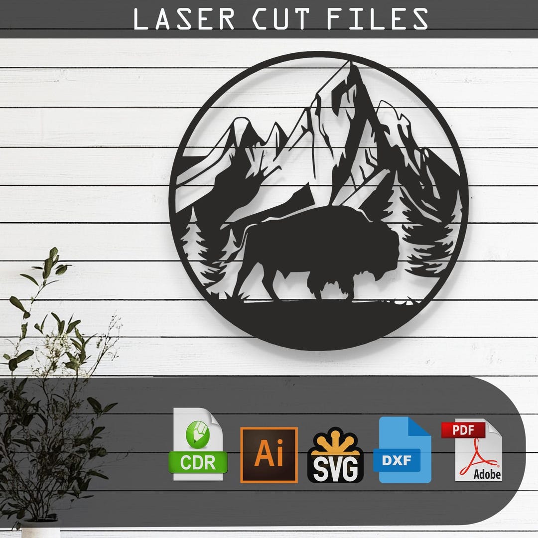 Decorative Bison and Mountain Laser Cut, Vector Files – SVG, DXF, Ai ...