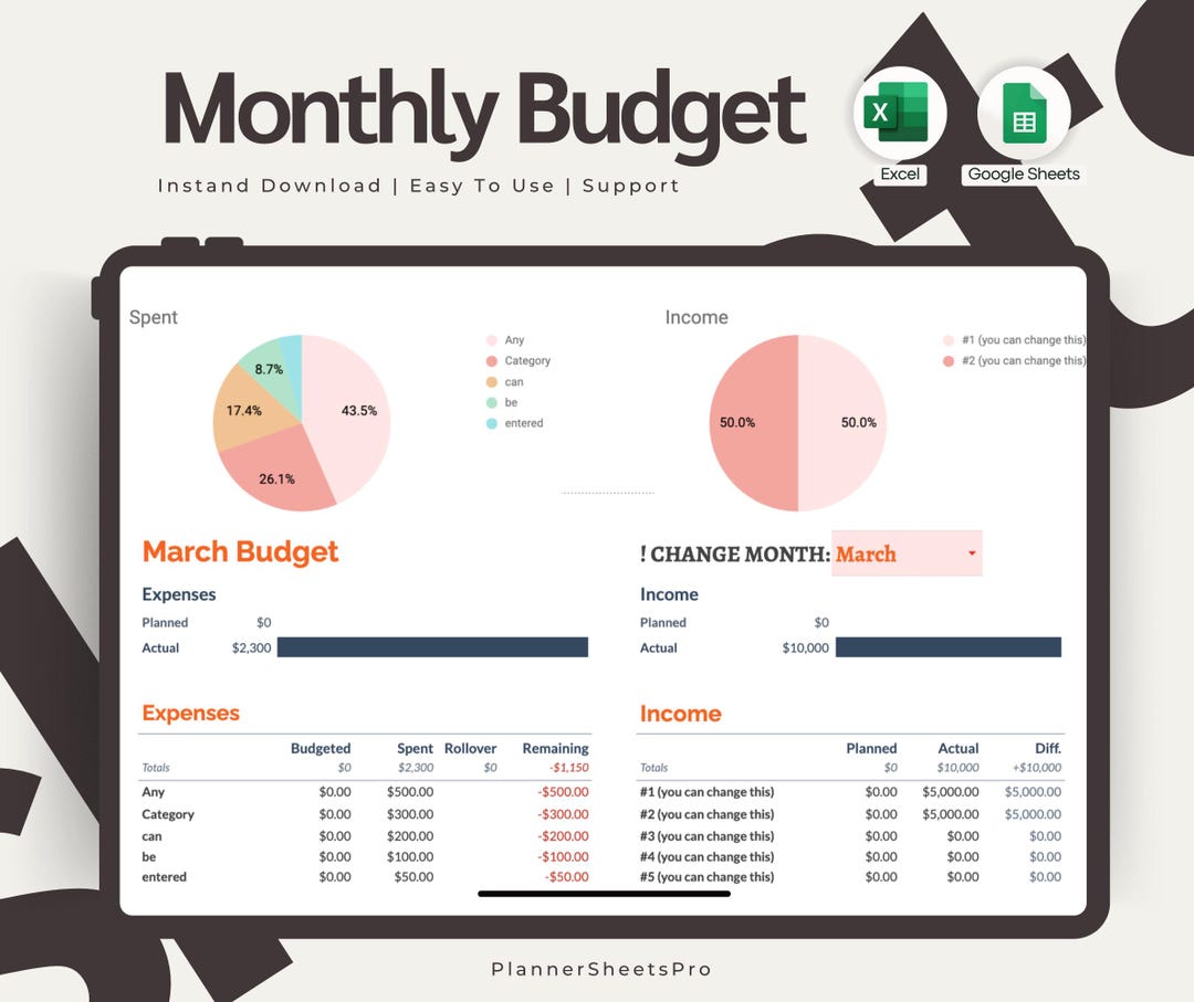 Digital Budget Planner | Excel & Google Sheets Template | Monthly ...