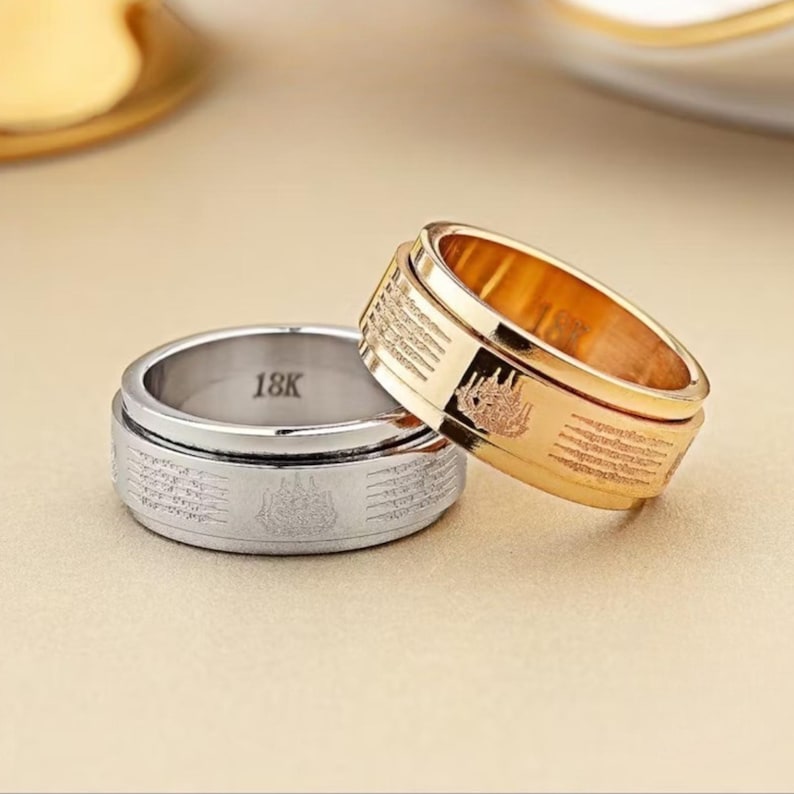 5-line Yant Protection Ring, Rotating Thai Amulet Ring, Laser-etched ...