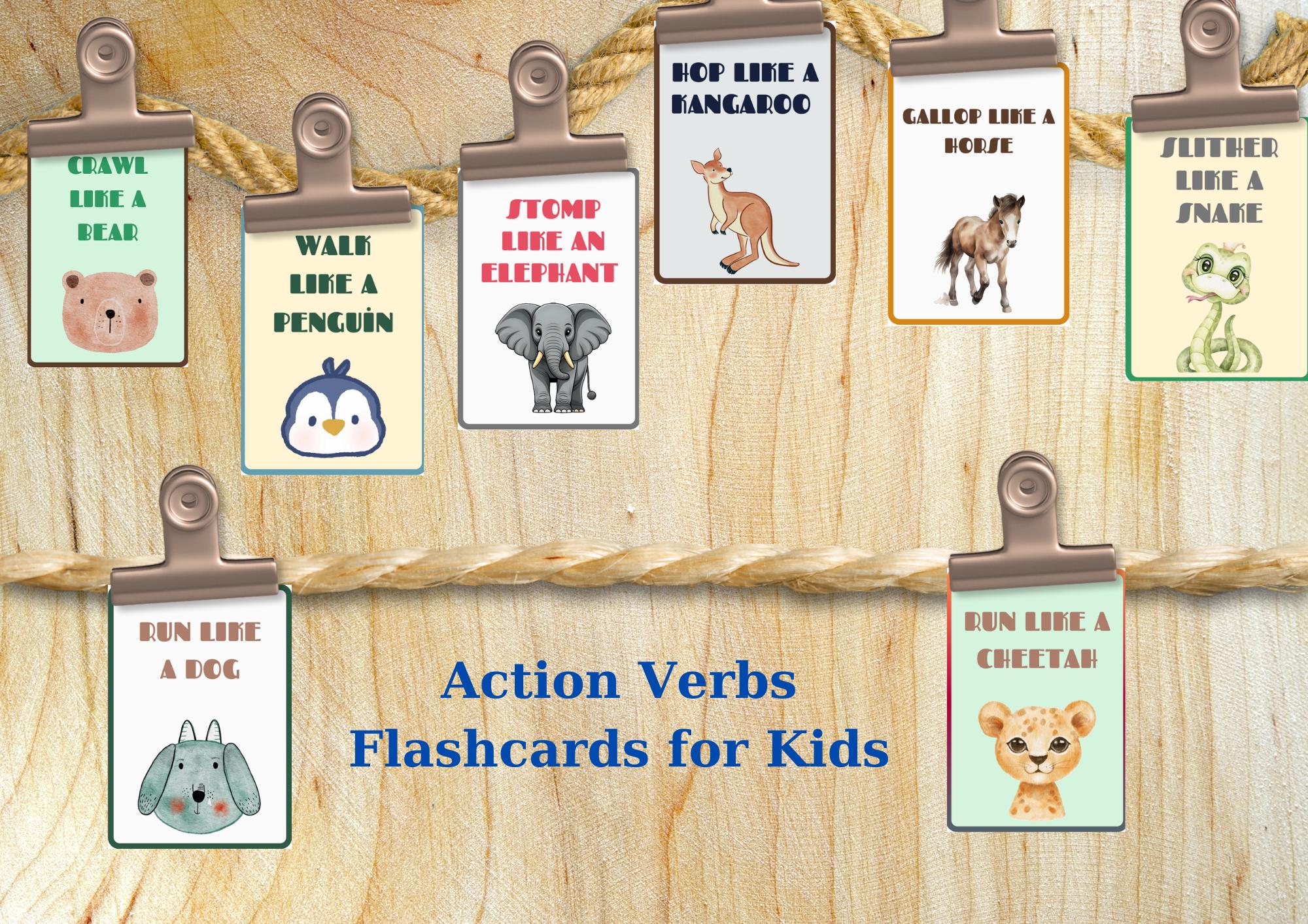 Action Verbs Flashcards for Kids – Fun Animal-themed Movement Cards ...