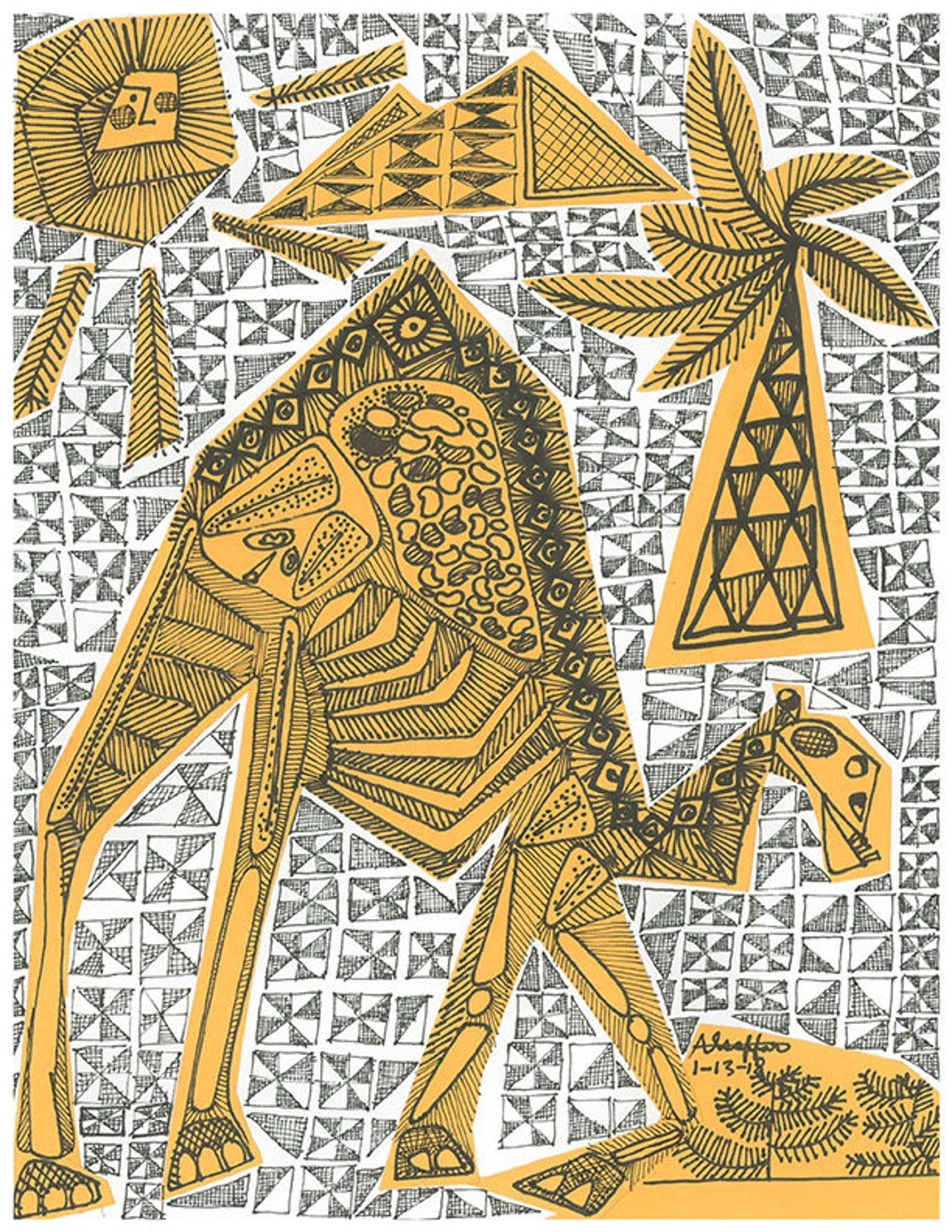 8.5x11 in Original,primitive Art,collage,ethnic African Art,camels ...