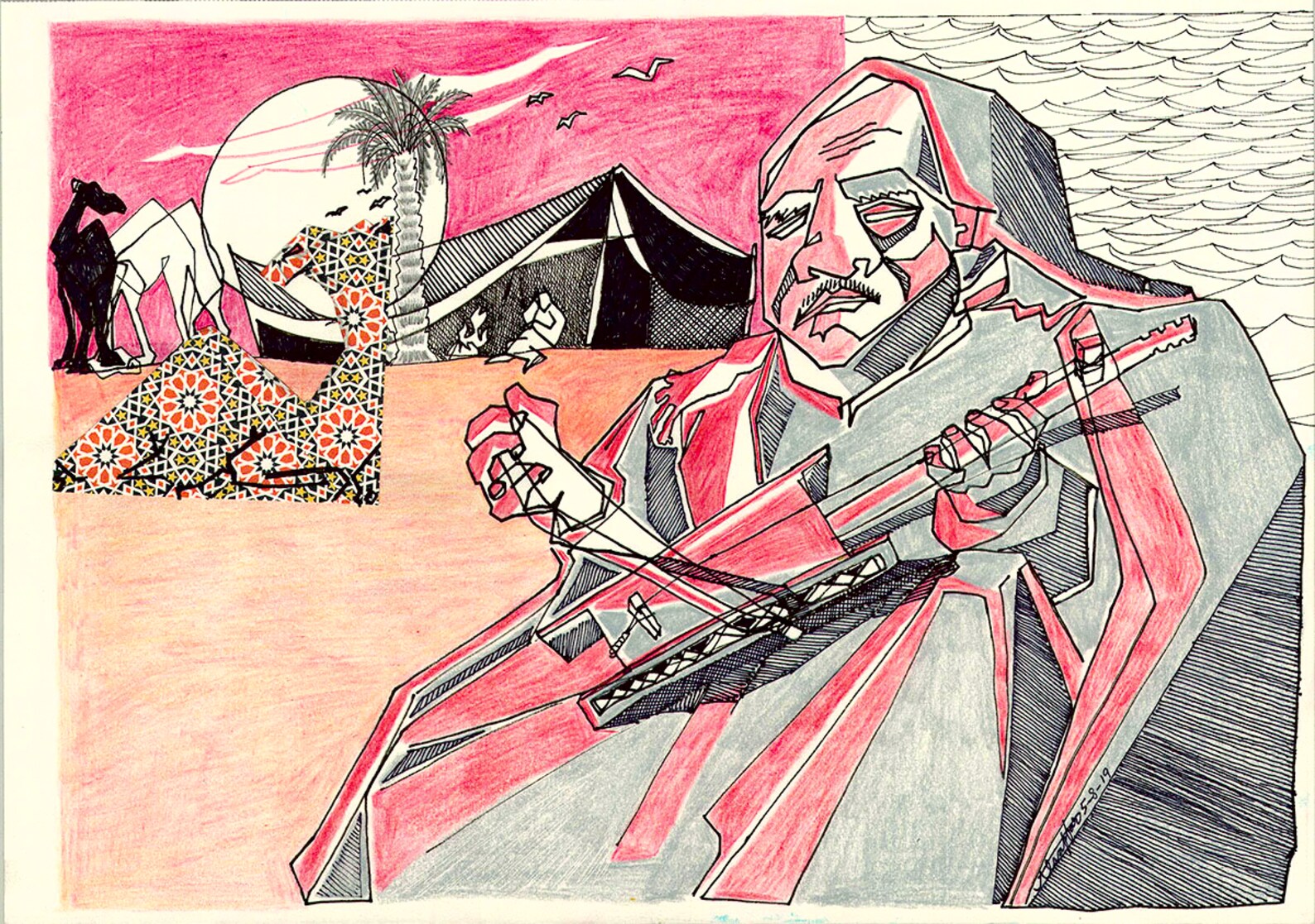 Original 11.5x16.5, Bedouin Playing Rabbaba, Arab Playing Music ...