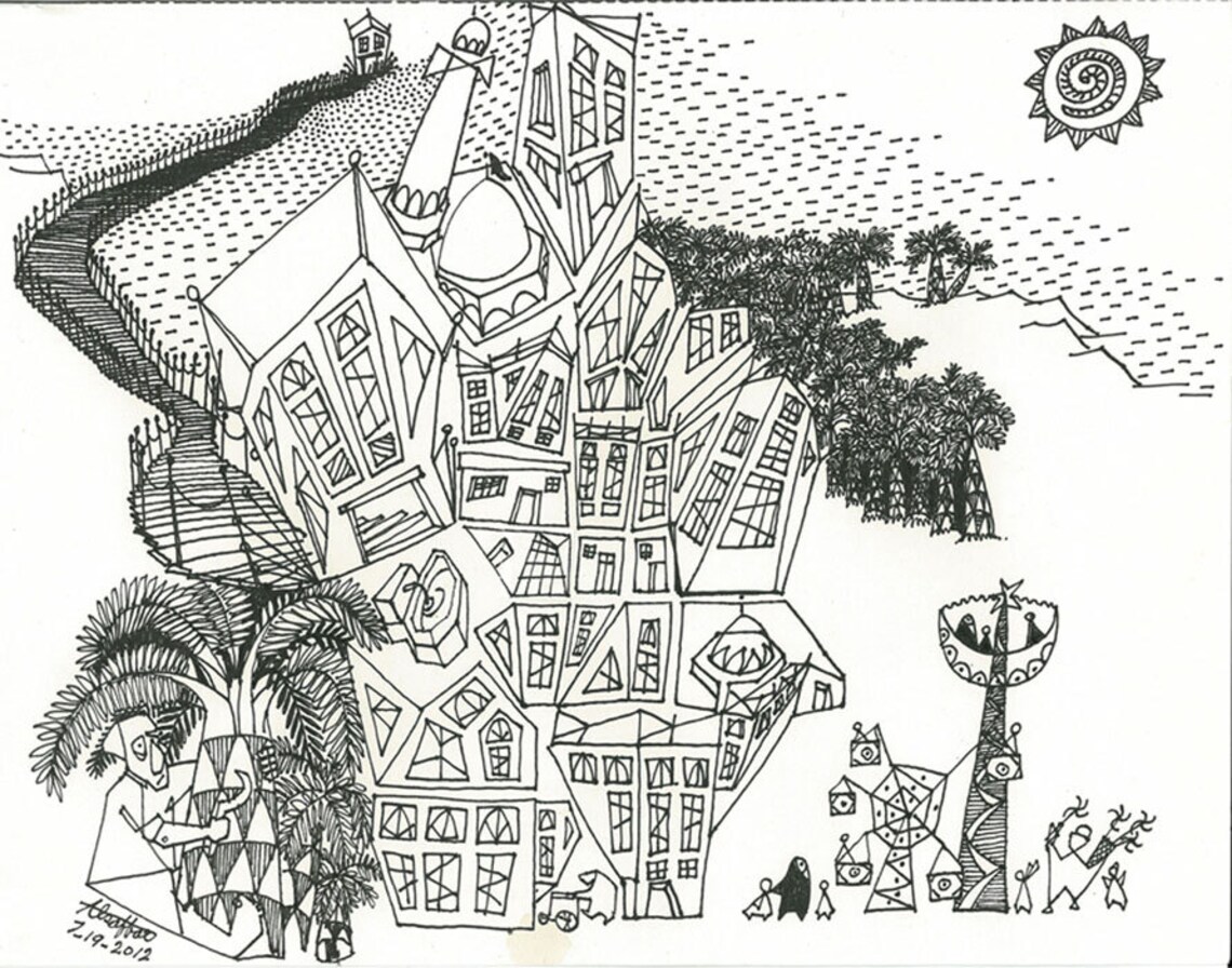 11x14 in Original, Abstract Baghdad, Iraqi Culture, Line Drawing ...