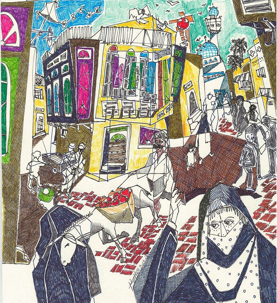 10.75x11 in Original Drawing, Colorful Baghdad Neighborhood, Old Iraq ...