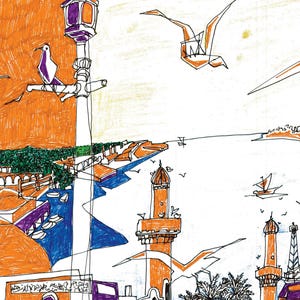 13X19 in Original Drawing, Baghdad, Iraq, Tigris River/iraq, Cityscape ...
