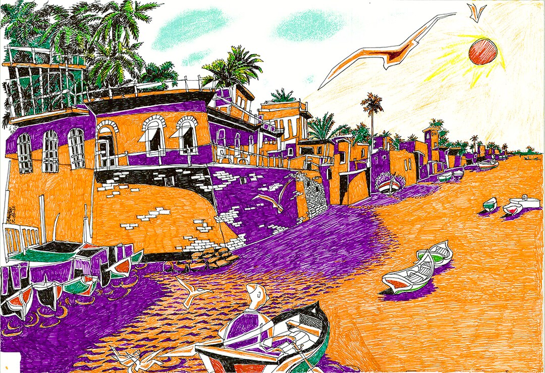 13x19 in Original Drawing, Baghdad, Iraq, Tigris River, Complimentary ...