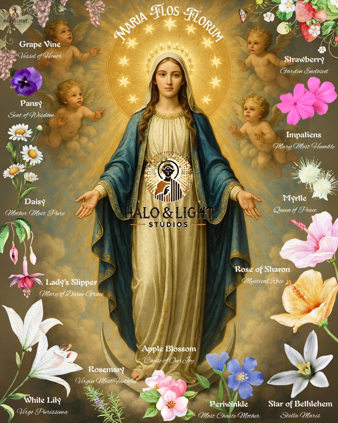 Maria Flos Florum Botanical Art Print: Catholic Marian Devotional ...