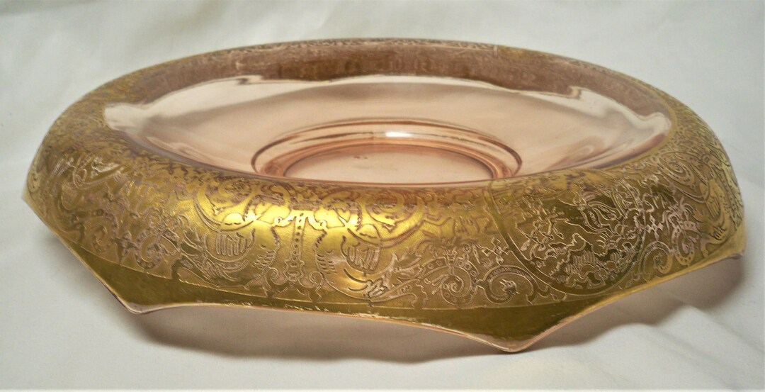Vintage Pink Glass Rolled Edge Fruit Bowl With Gold Design Trim - Etsy