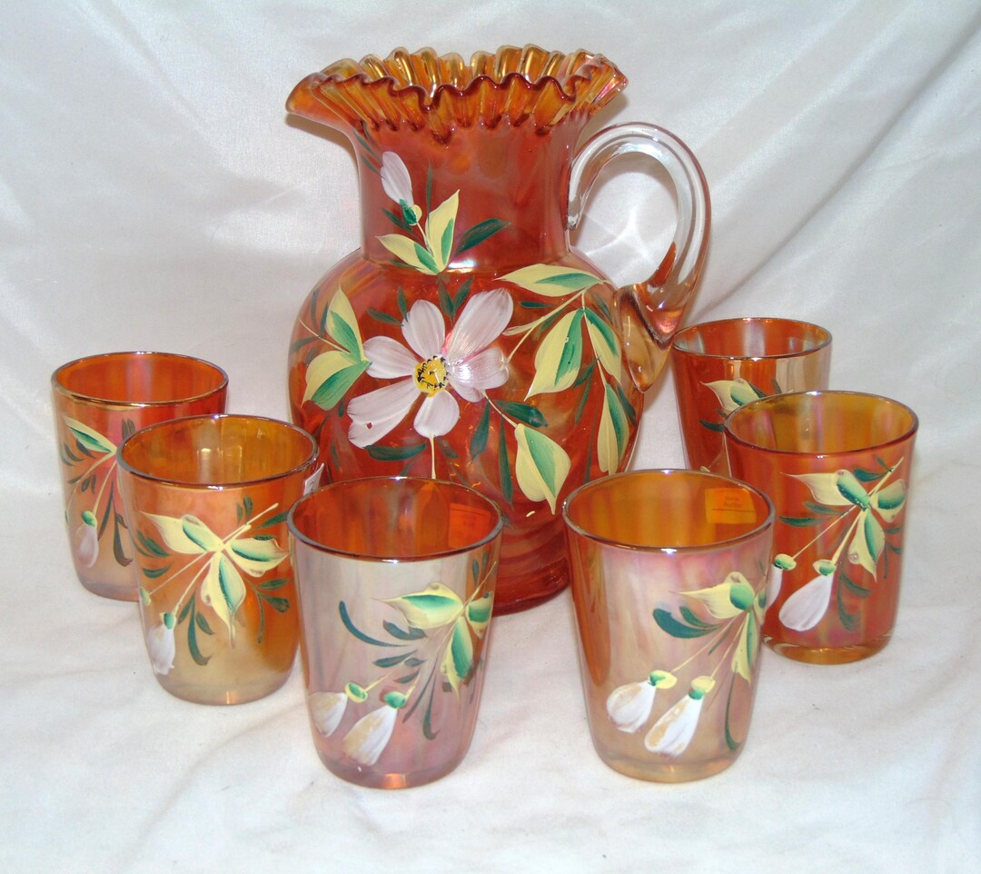 Fenton Drapery 7 Pc Enameled Floral Decoration Water Set Marigold ...