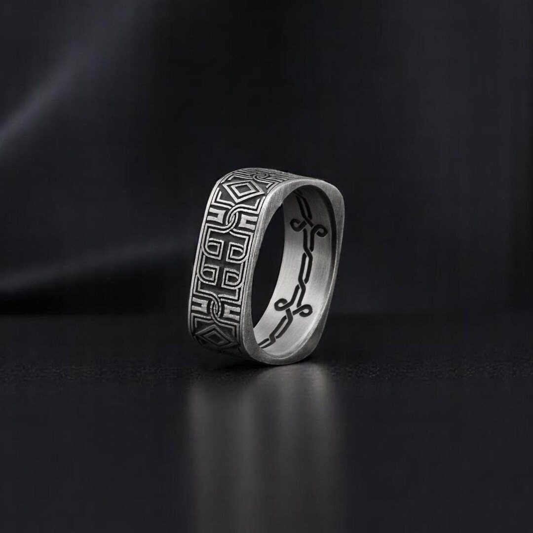 Geometric Square Band Ring for Men, Oxidized Silver Tribal Pattern Ring, Unique Statement ...