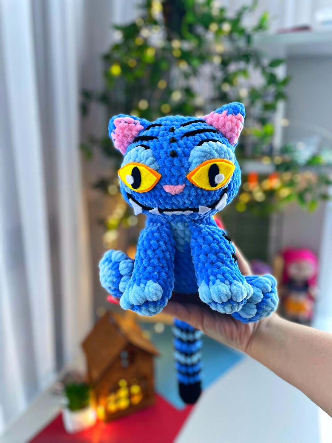 Derpy Blue Tiger Plush, Handmade Crochet Monster Cat, Kpop Demon ...