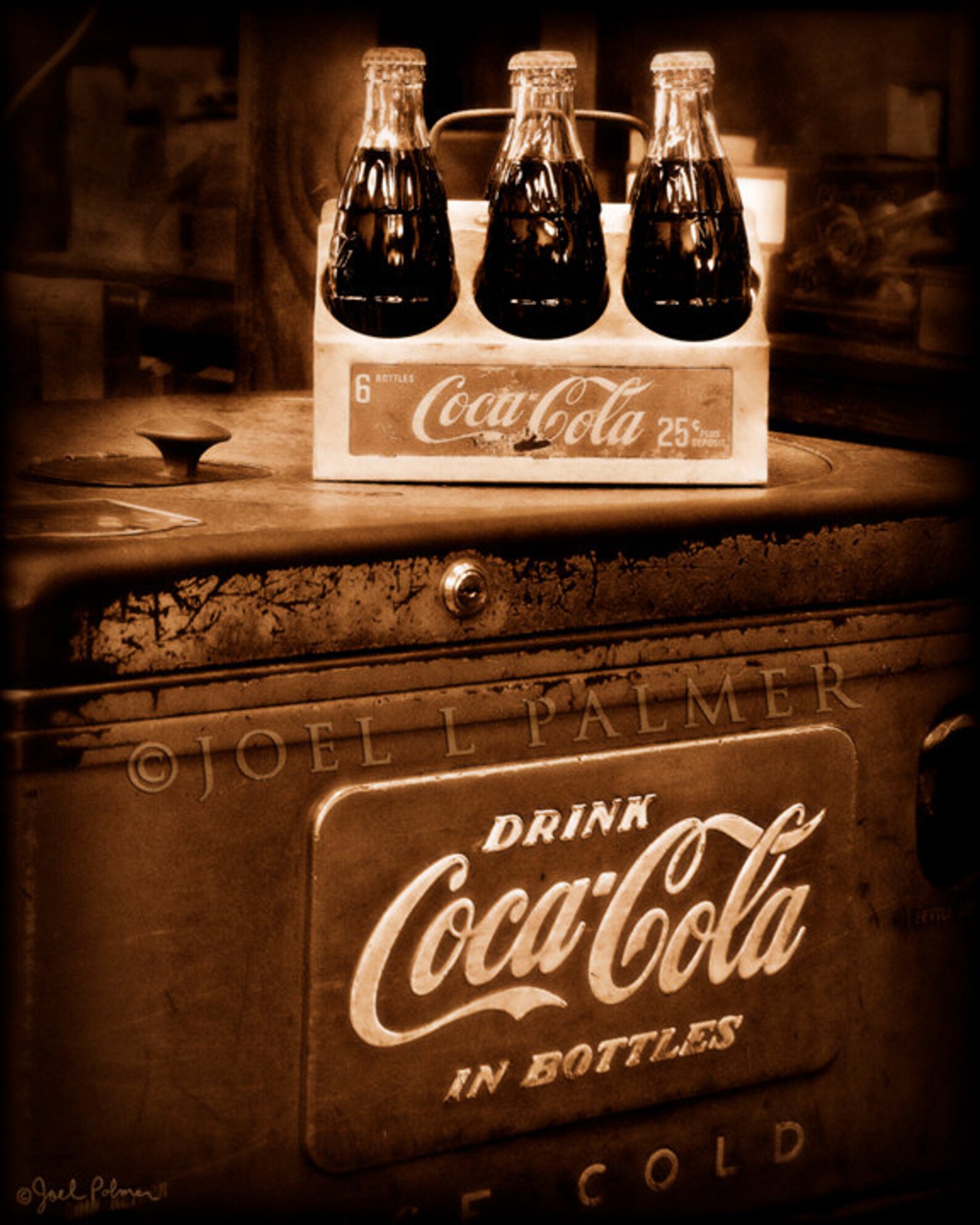 Old Coca - Cola Bottles and Working Coke Cooler in Old Store Sepia Fine ...