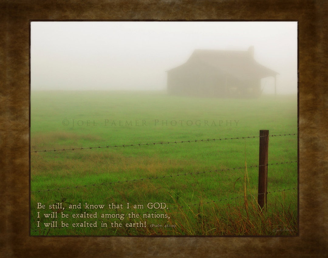 Scripture Art Print Old Farmhouse in Foggy Field With Fence and Post ...