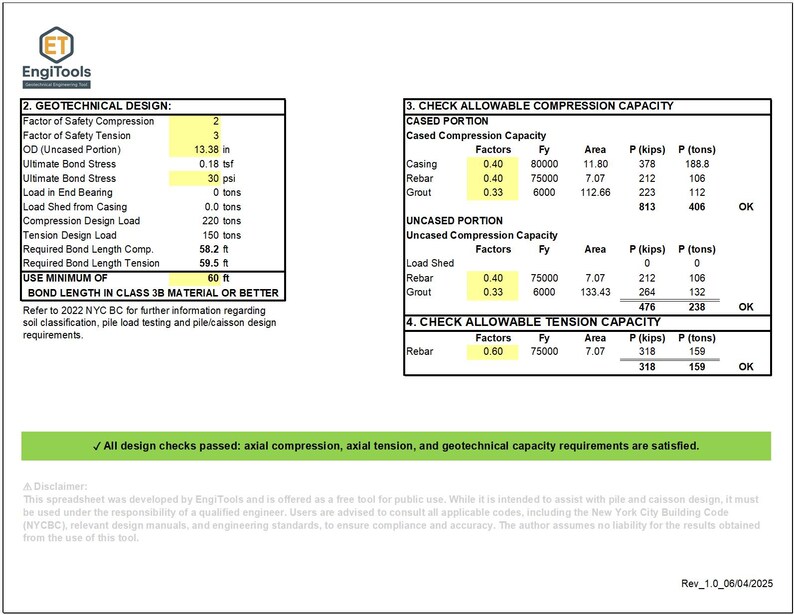 Pile and Caisson Design Spreadsheet – Engitools (NYC Building Code ...