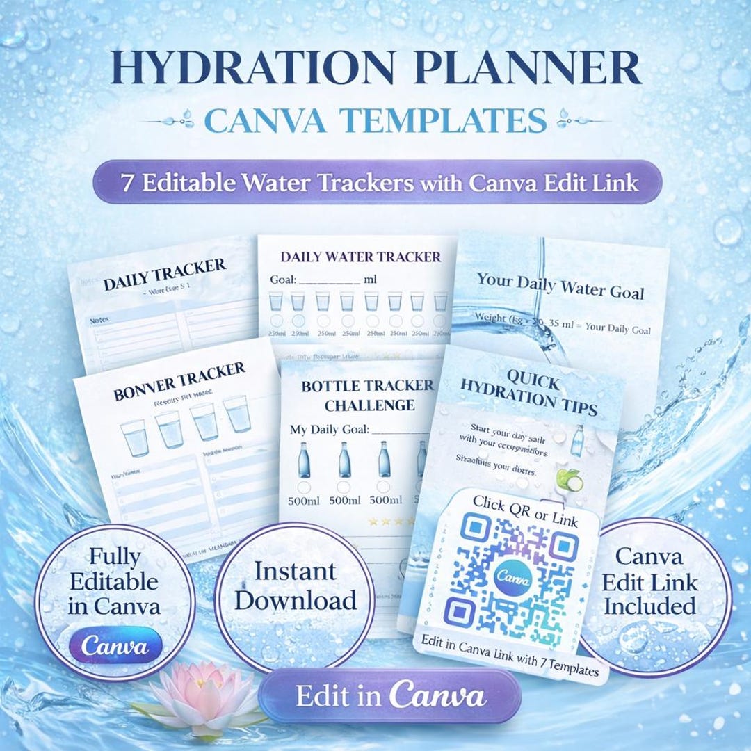Daily Water Tracker Template, 7 Editable Hydration Challenge Pages ...