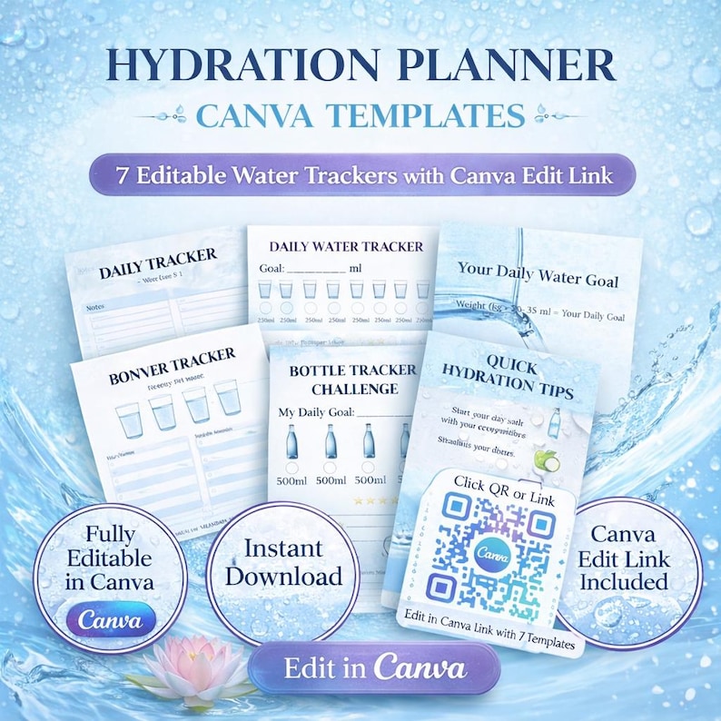 Daily Water Tracker Template, 7 Editable Hydration Challenge Pages ...