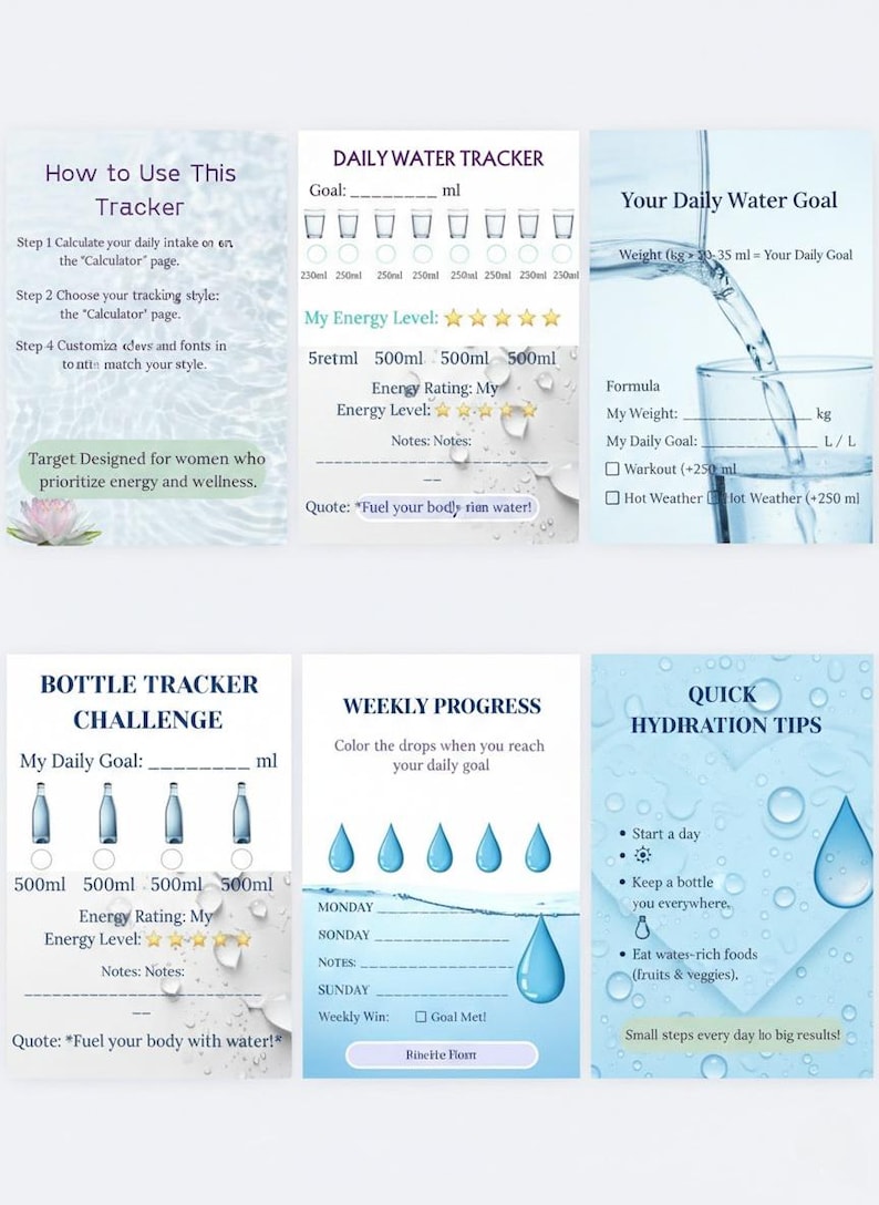 Daily Water Tracker Template, 7 Editable Hydration Challenge Pages ...