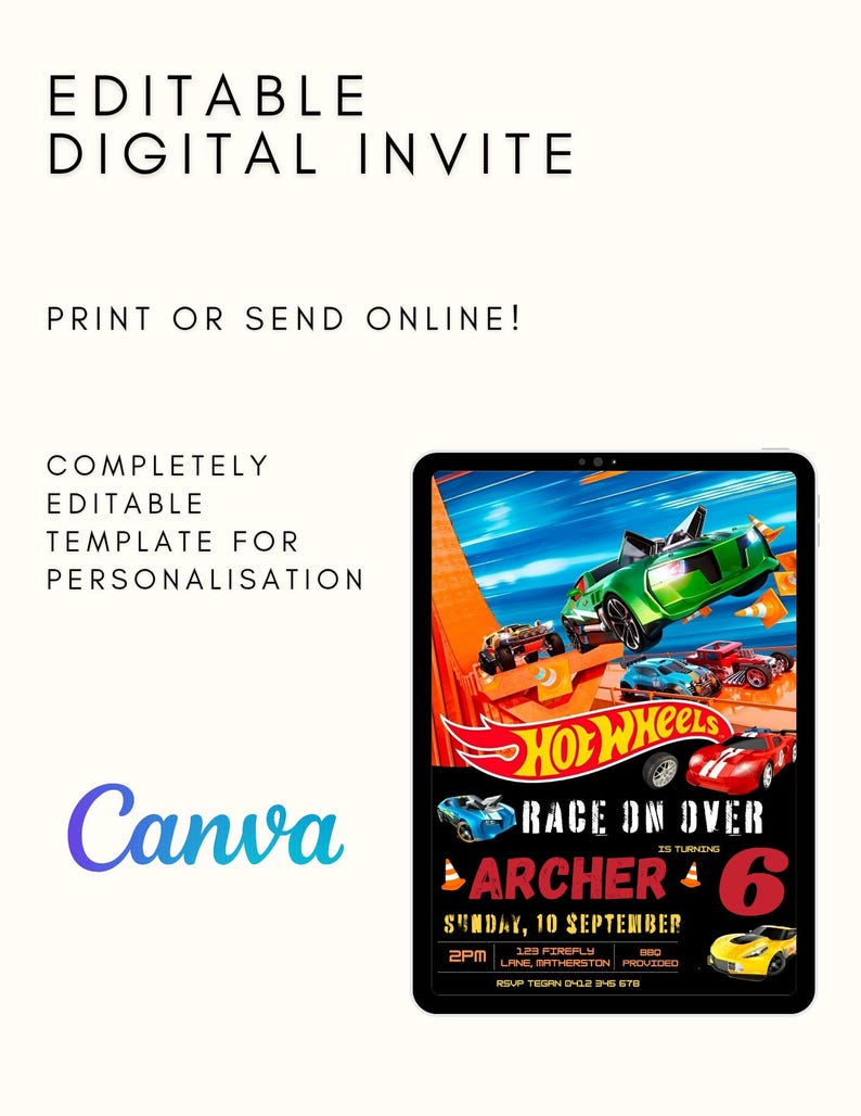 Hot Wheels Birthday Invitation: Race Car Party, Editable Template ...