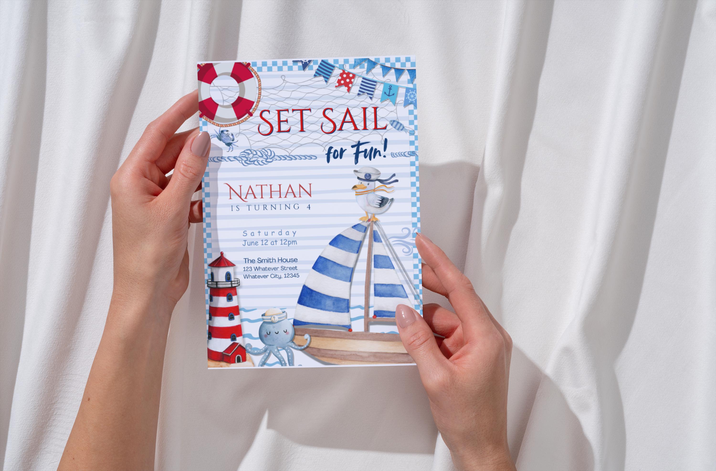 Sailor "set Sail" Nautical/naval Birthday Invitation, Sail Boat Ocean ...