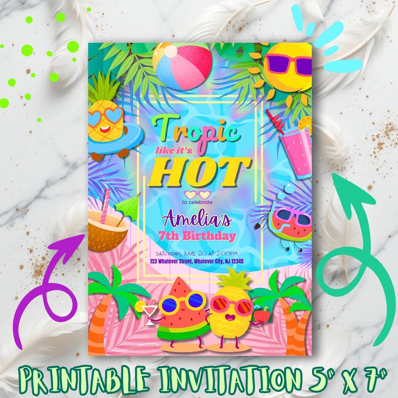 Summer Tropic Like It's Hot Pool Birthday Party Invitation, Editable ...