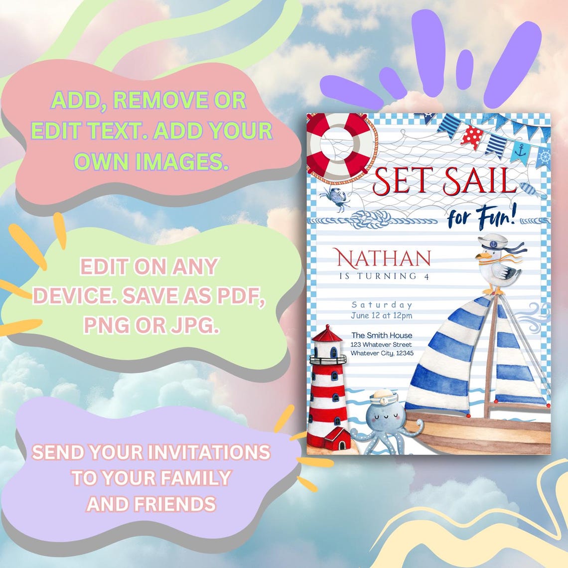 Sailor "set Sail" Nautical/naval Birthday Invitation, Sail Boat Ocean ...