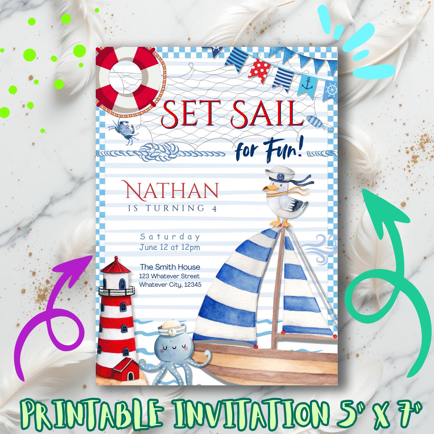 Sailor "set Sail" Nautical/naval Birthday Invitation, Sail Boat Ocean ...