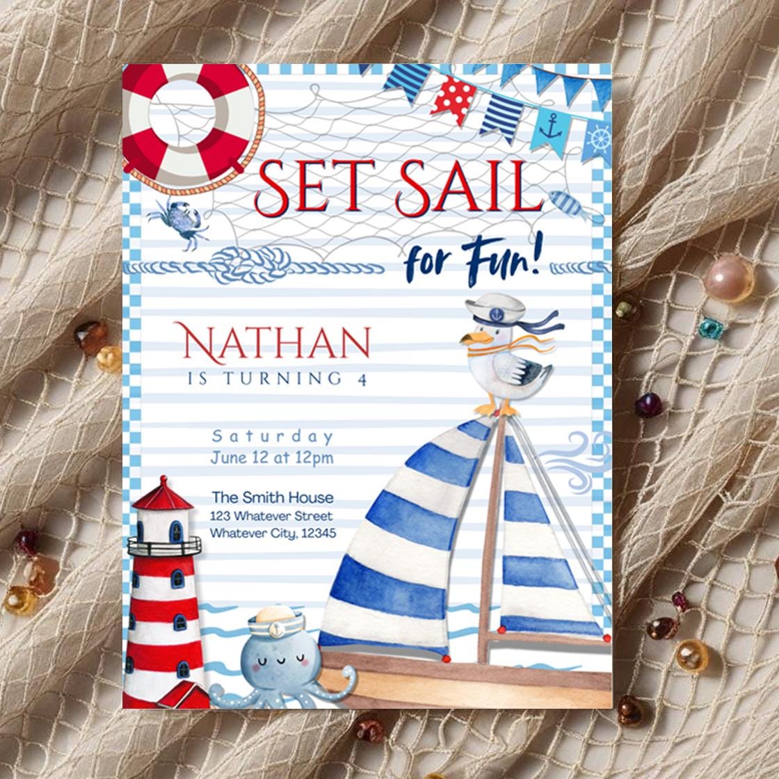 Sailor "set Sail" Nautical/naval Birthday Invitation, Sail Boat Ocean ...
